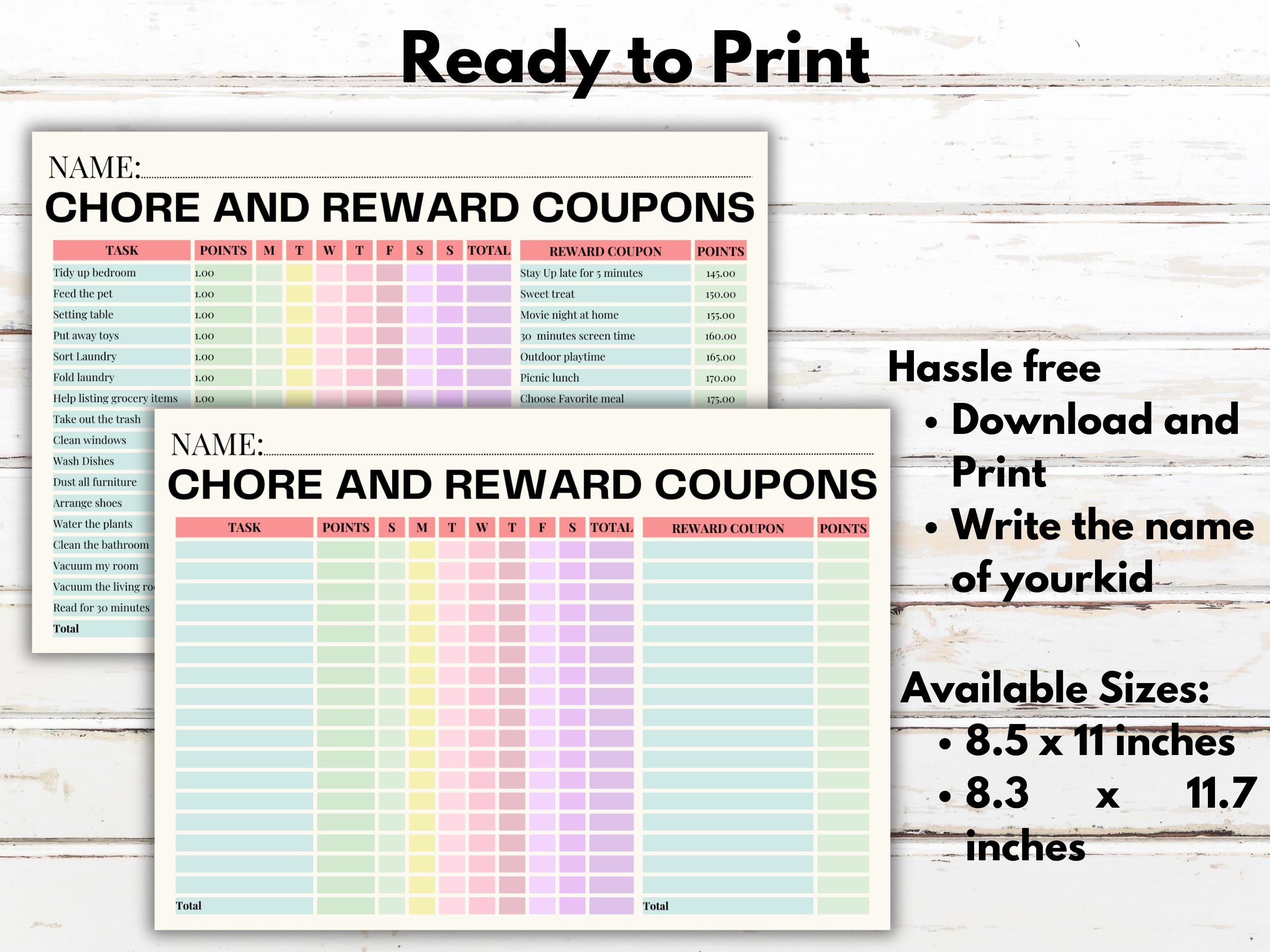Editable Kids Chore Reward Chart | Kids Reward Coupon, Kids Chore ...