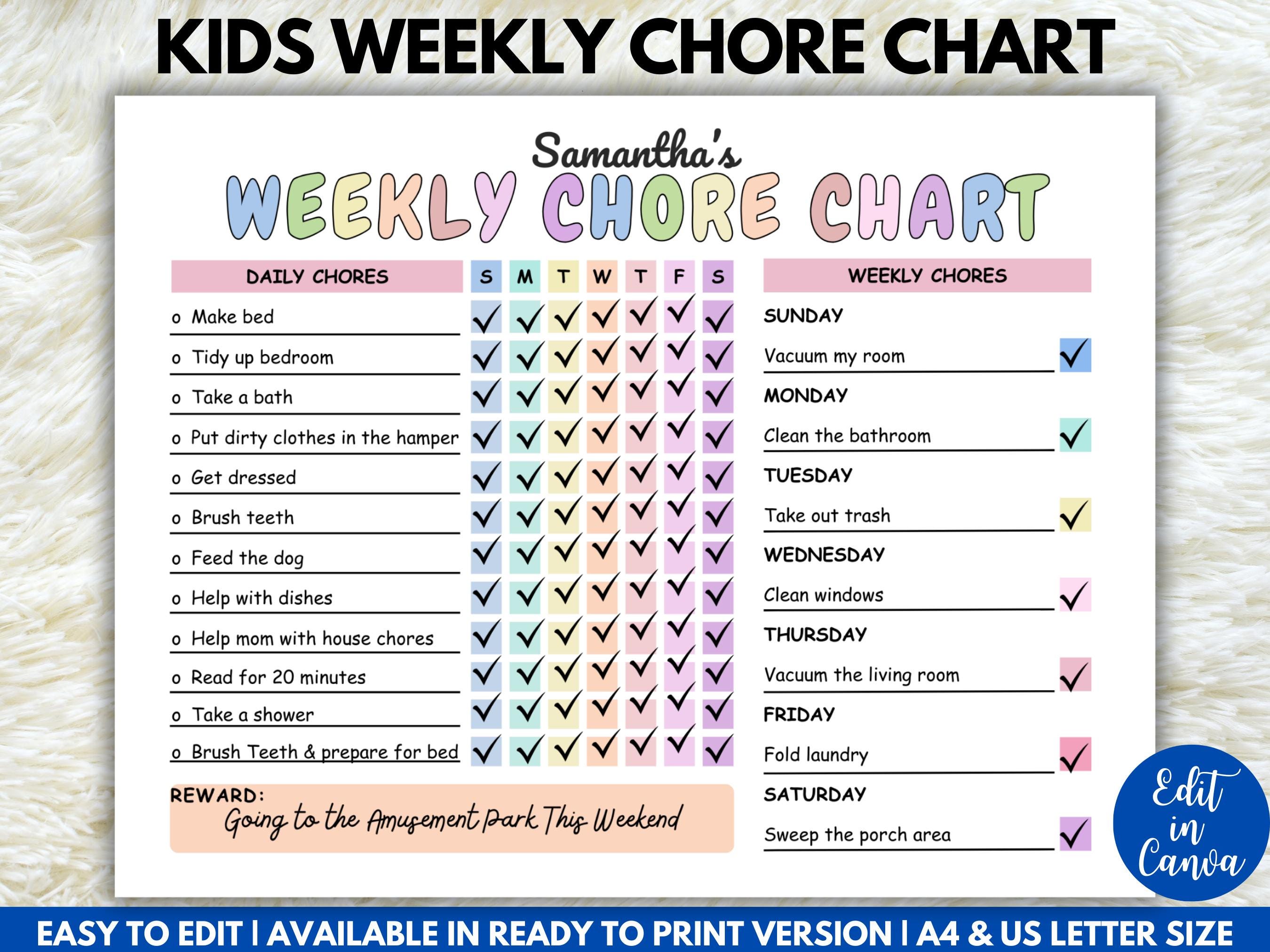 Editable Weekly Chore Chart for Kids, Chore Chart, Responsibility Chart ...