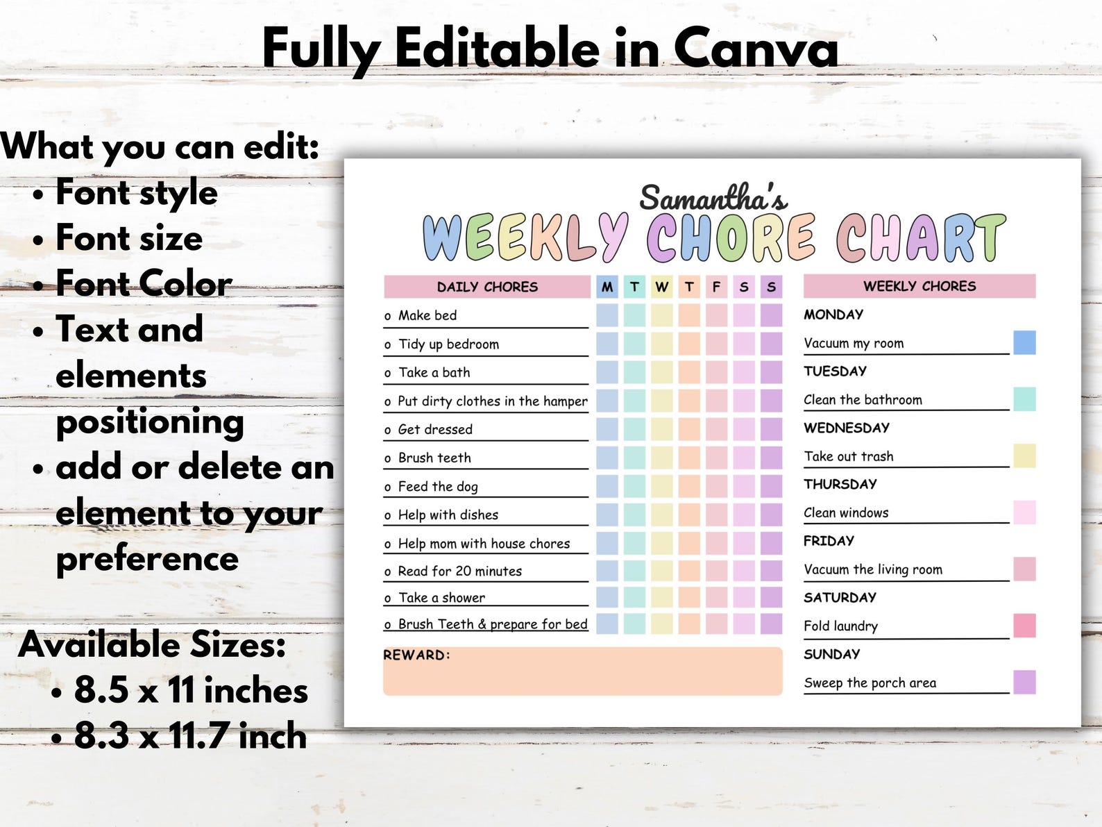 Editable Weekly Chore Chart for Kids, Chore Chart, Responsibility Chart ...