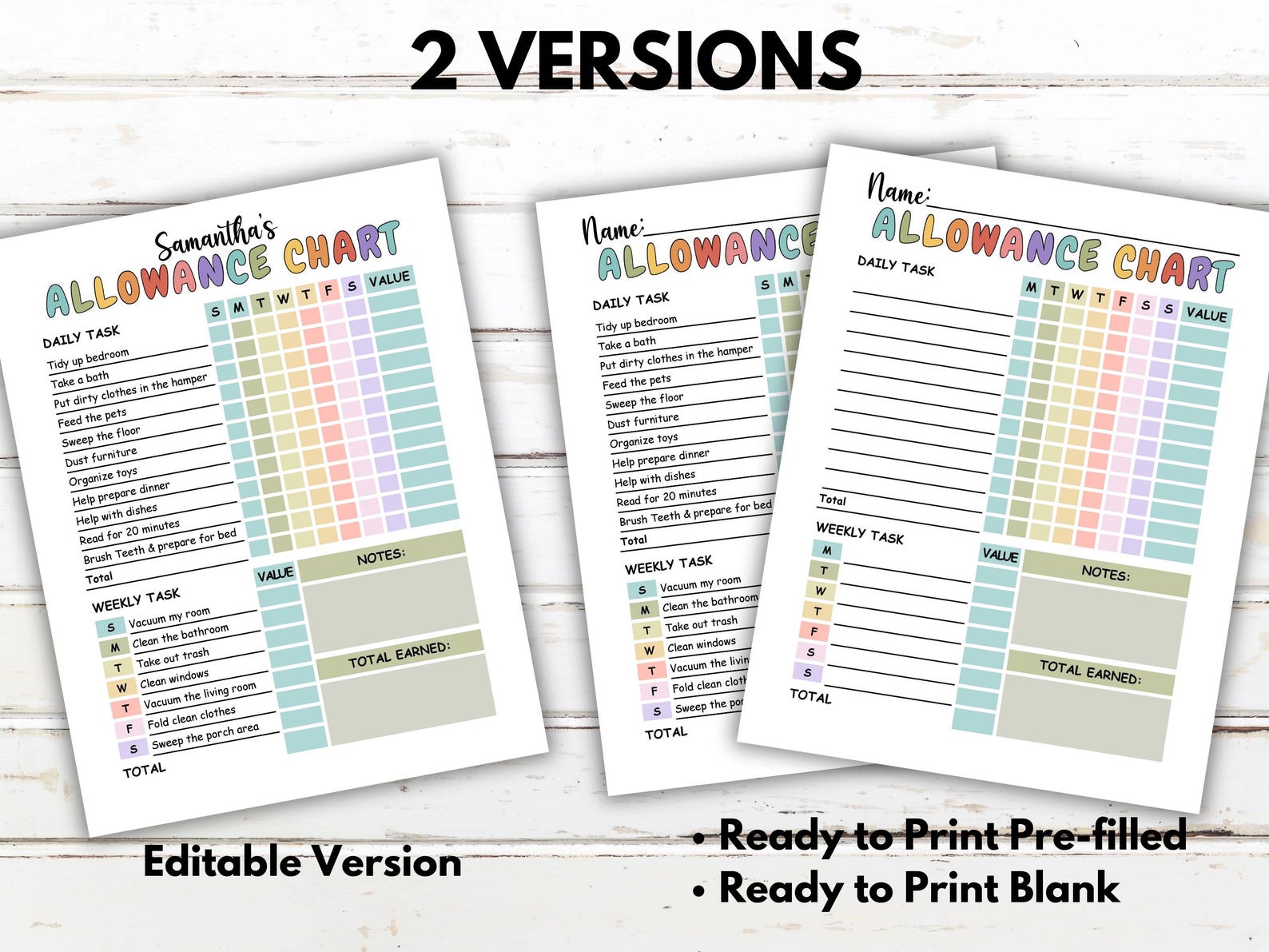 Editable Kids Allowance Chart, Kids Allowance Tracker, Allowance Chore ...