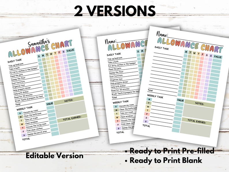 Editable Kids Allowance Chart, Kids Allowance Tracker, Allowance Chore ...