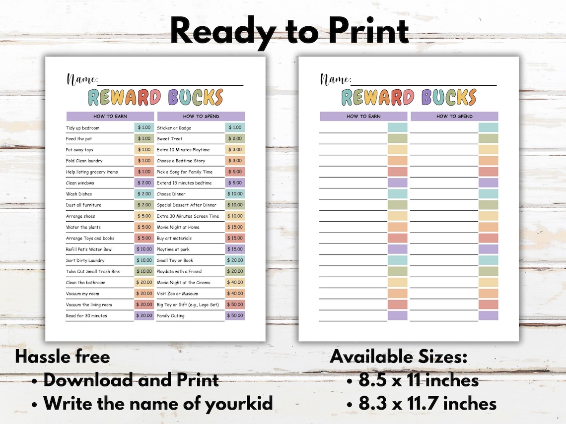 Editable Kids Reward Bucks Chore Chart: Printable Incentive System ...