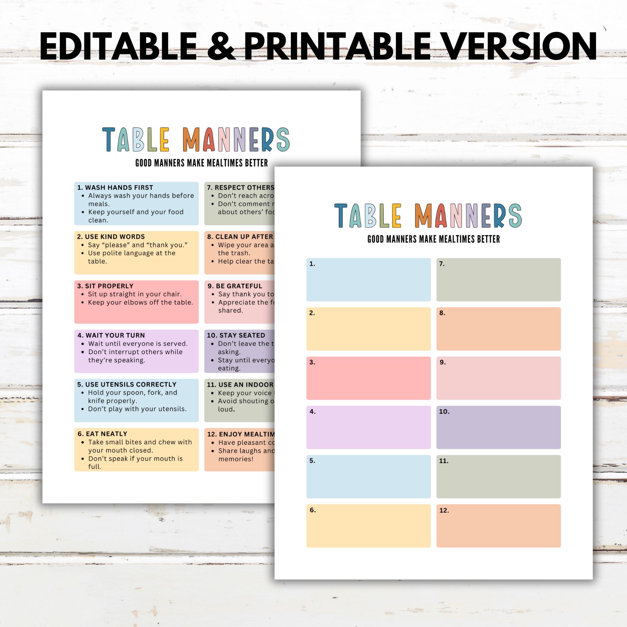 Editable Table Manners Chart, Family Table Manners, Table Behavior ...