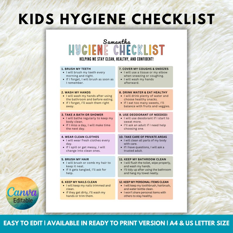 Kids Hygiene Checklist, Hygiene Chart for Kids, Kids Personal Care ...