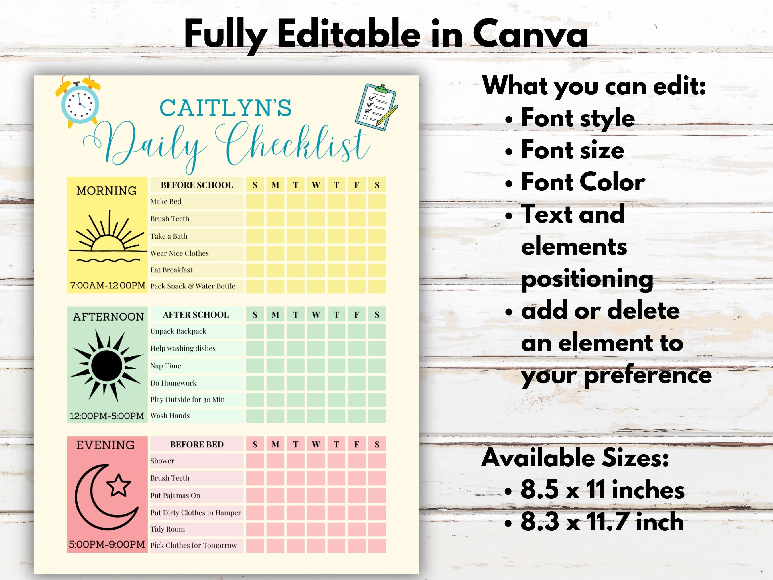 Editable Kids Daily Checklist: School Routine Chart (digital Download ...