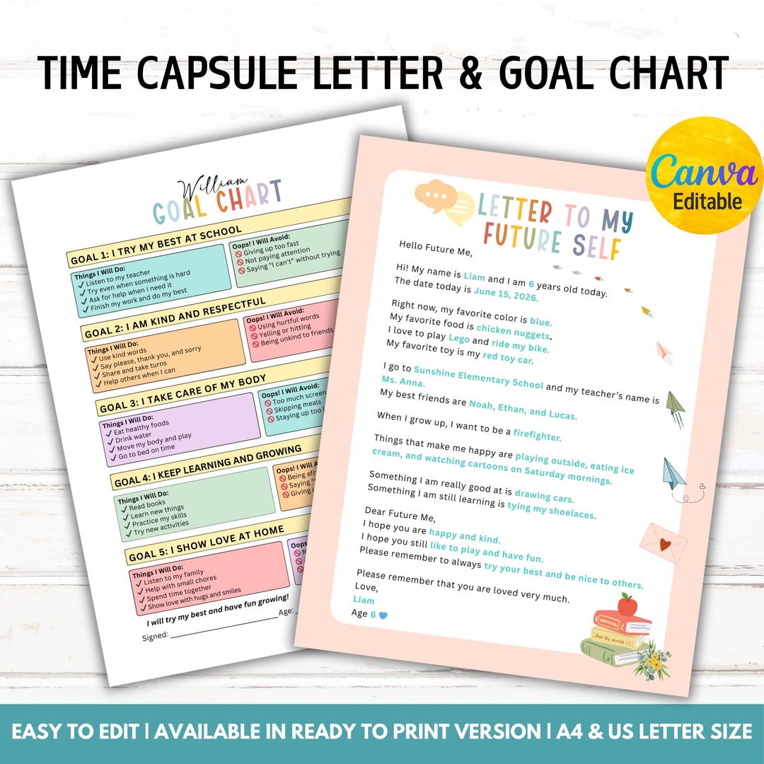 Time Capsule Letter for Kids, Kids Memory Keepsake, Kids Goal Chart, A ...