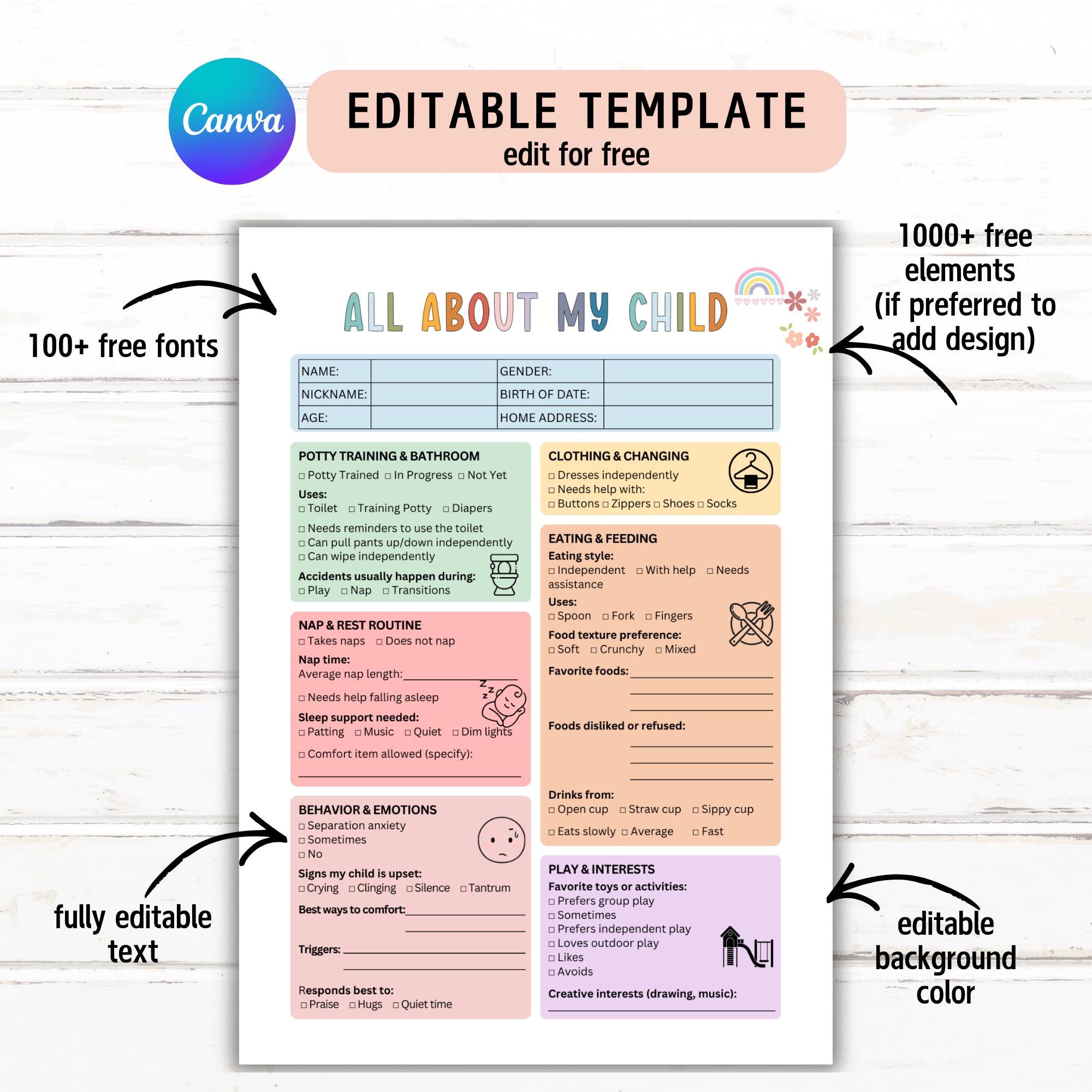 All About Me Template for Daycare, Daycare Form, Daycare Information ...