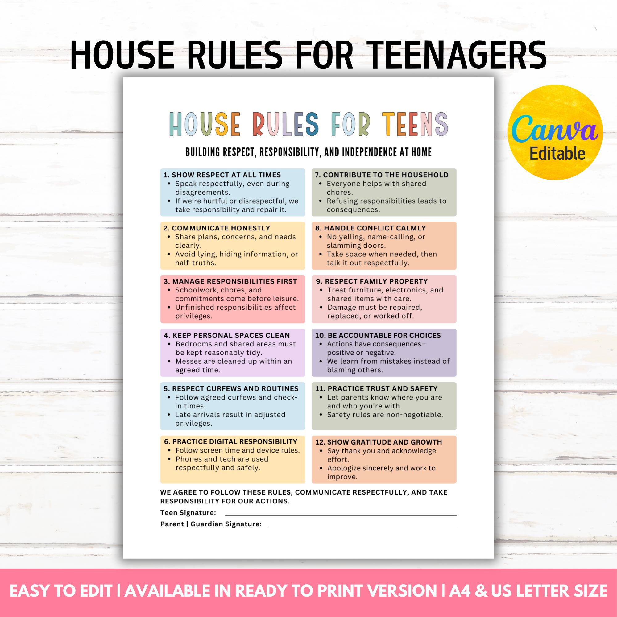 Editable Teen House Rules, Good Behavior Chart, Family Rules and Values ...