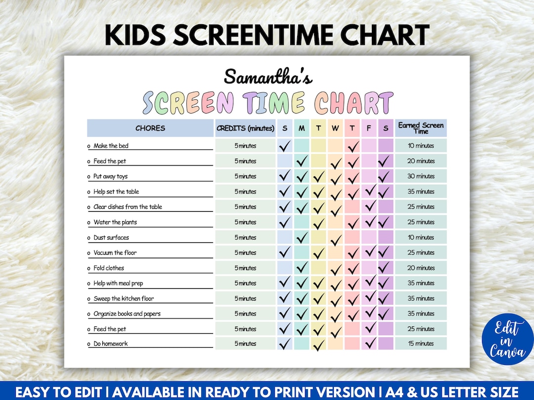 Editable Screentime Chart for Kids, Kids Screentime Tracker, Kids ...