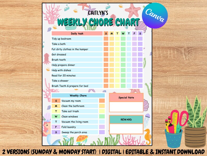 Kids Task Chart Task Chart Chore Chart Printable Editable Chore Chart ...