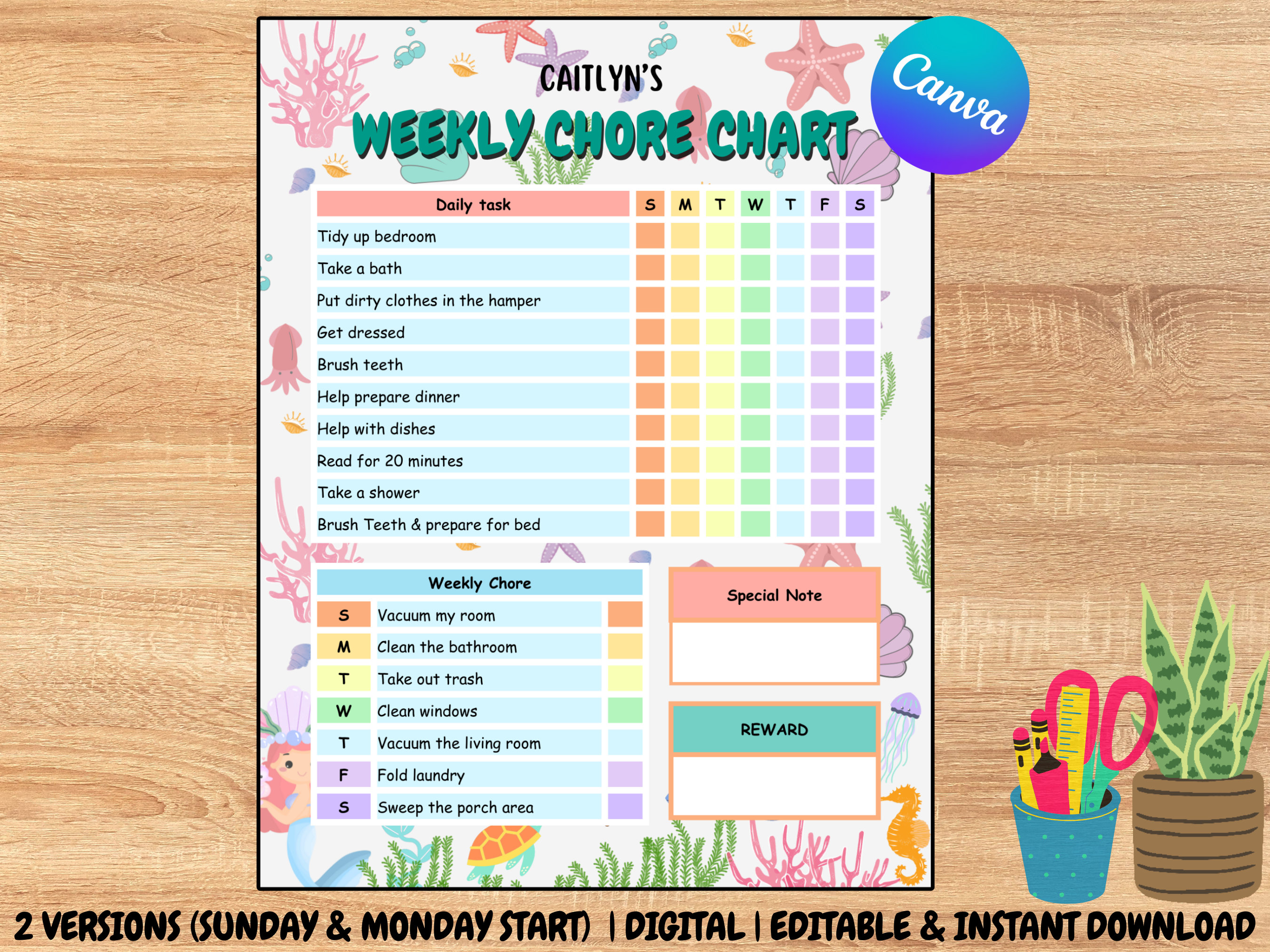 Kids Task Chart Task Chart Chore Chart Printable Editable Chore Chart ...