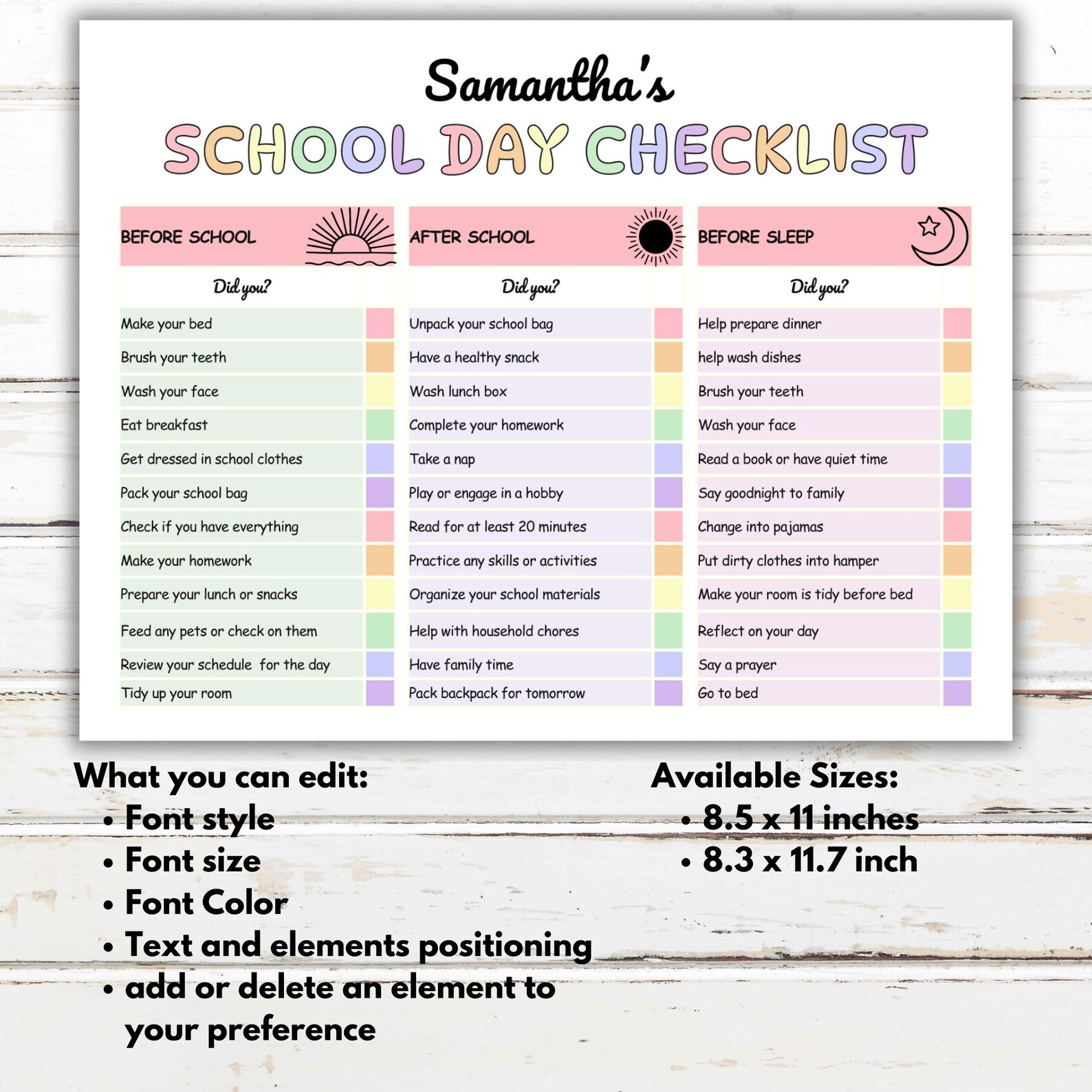 Editable School Day Checklist Chart for Kids, Before School Checklist ...