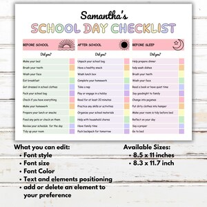 Editable School Day Checklist Chart for Kids (digital Download) - Etsy