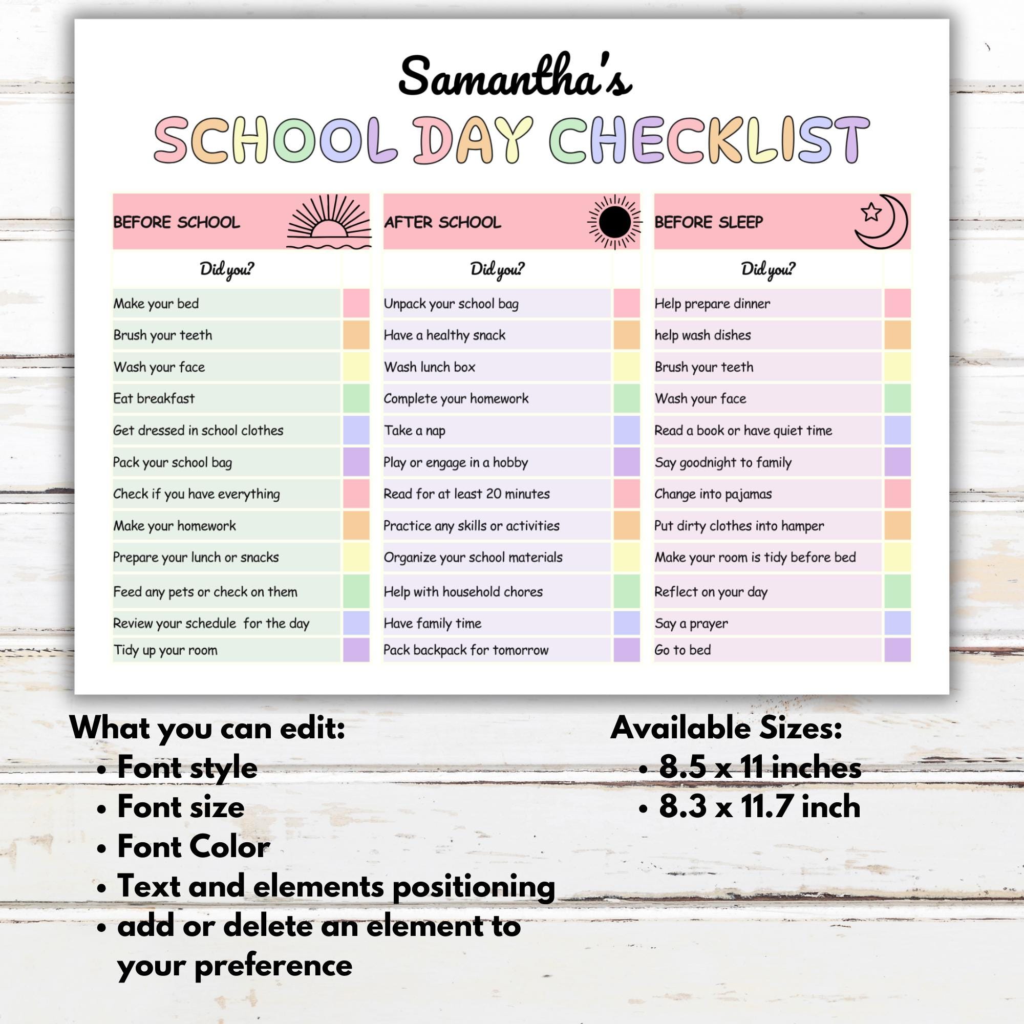 Kids School Day Checklist Chart, School Day Daily Routine Chart, School ...