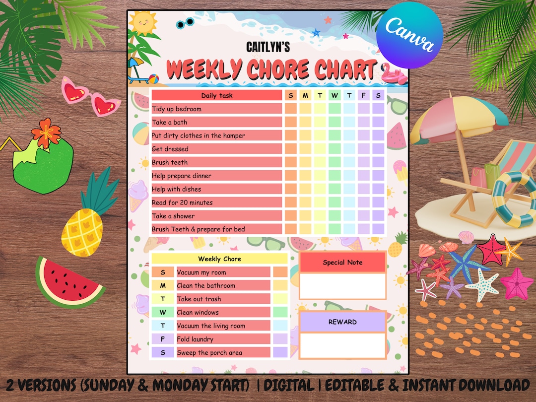 Chore Chart for Kids Kids Chore Chart Printable Editable Chore Chart ...