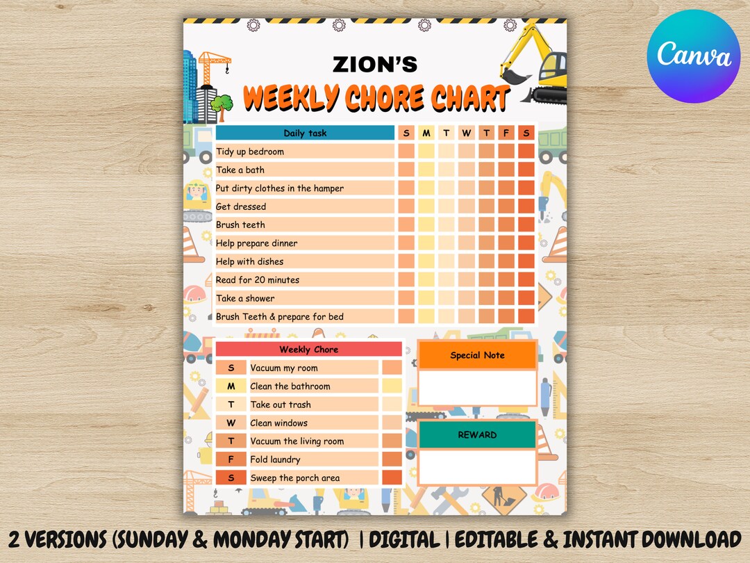 Kids Task Chart Printable Kids Chore Chart Editable Chore Chart for ...