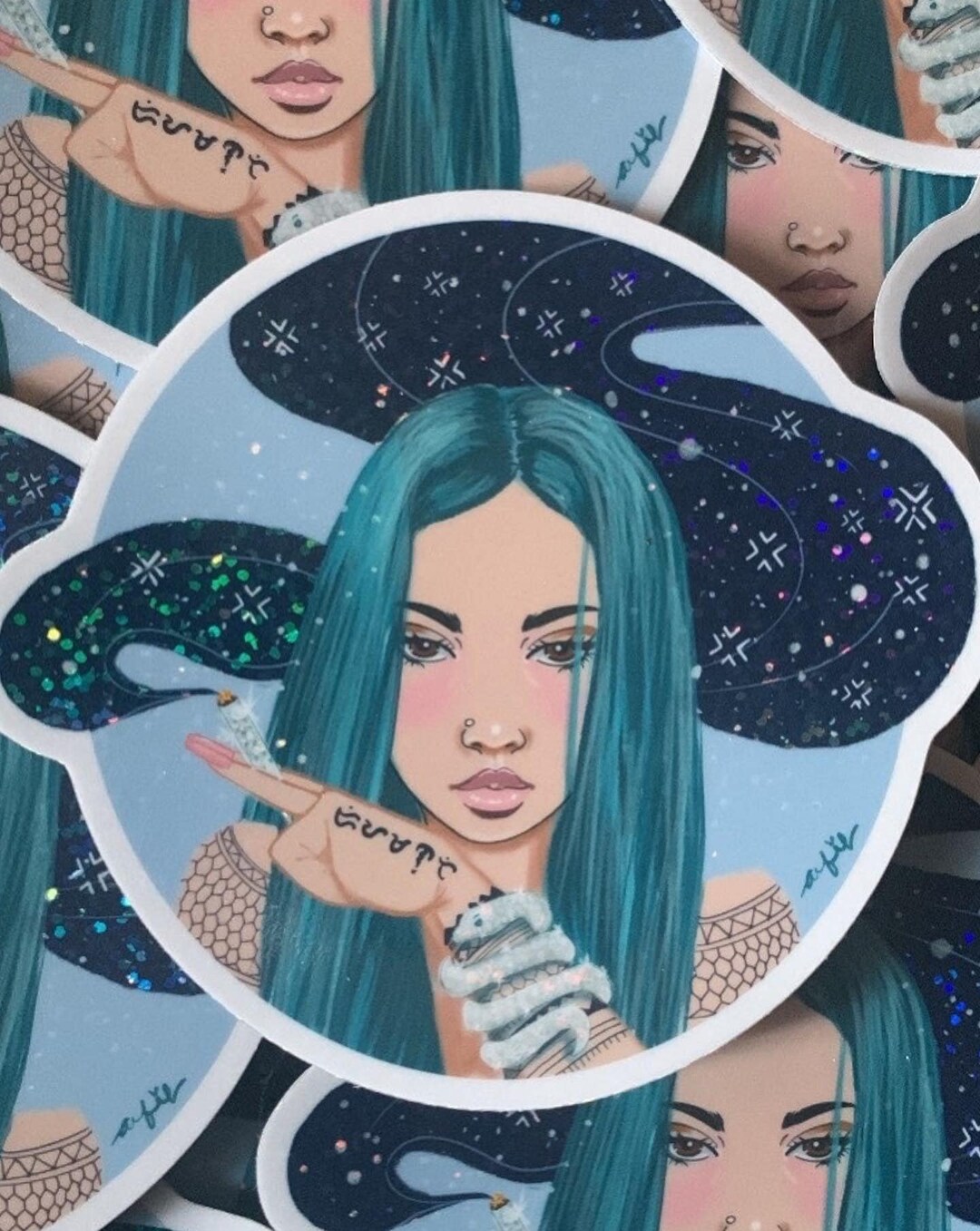 Tattooed Pinay Woman With Blue Hair Bringing in the Night Sky With ...