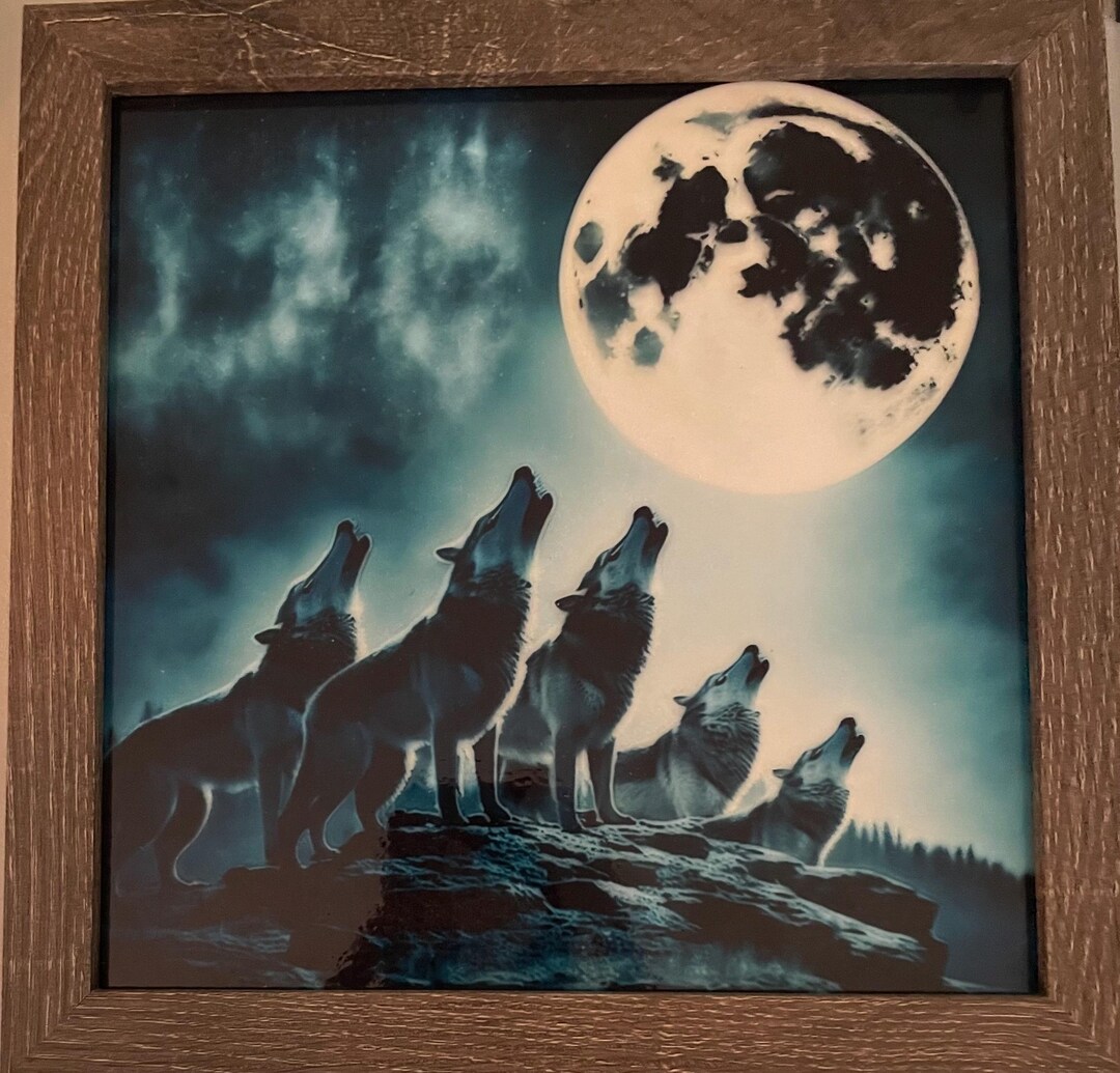 Wolf Pack Howling Full Moon Sublimation Shadowbox | Framed 3D Wall ...