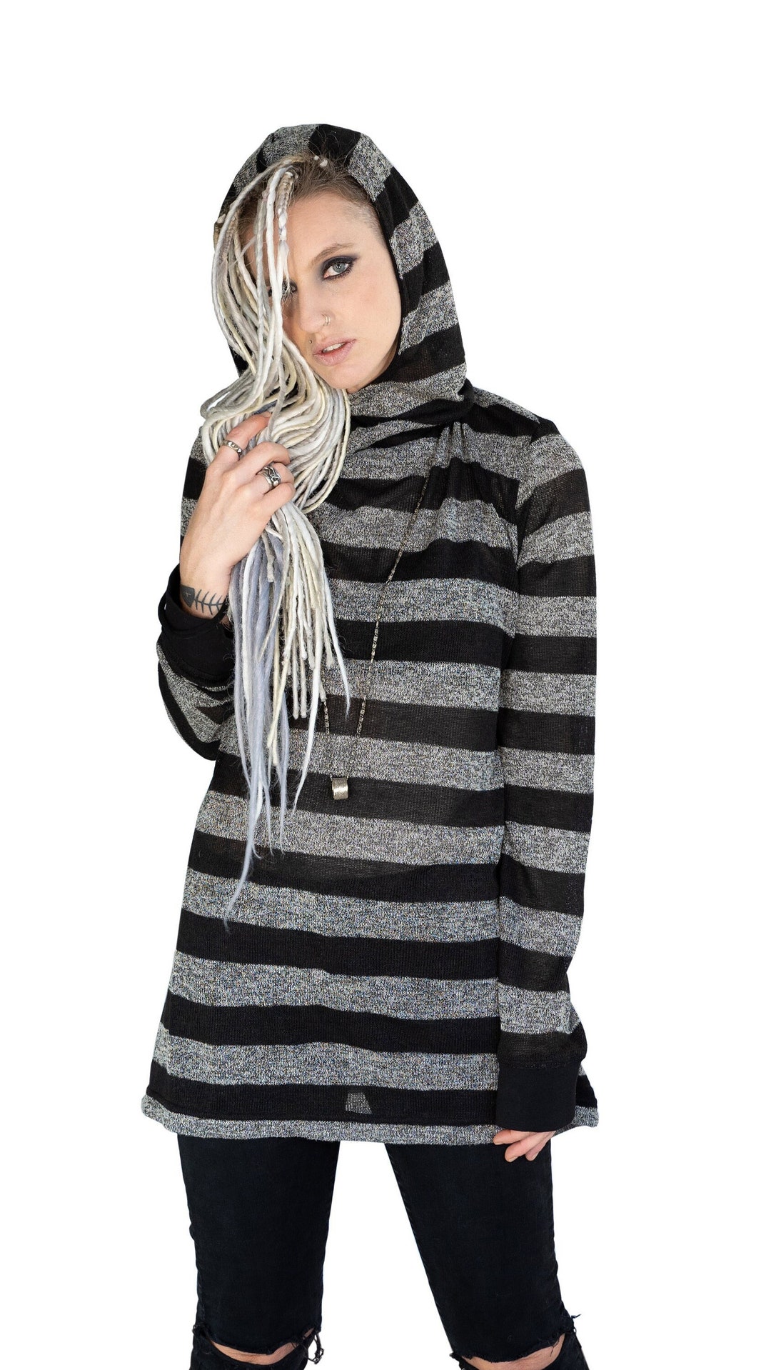 Gray Black Stripe Long Sleeve Knit Top Nu Goth Hoodie Tunic - Etsy Denmark