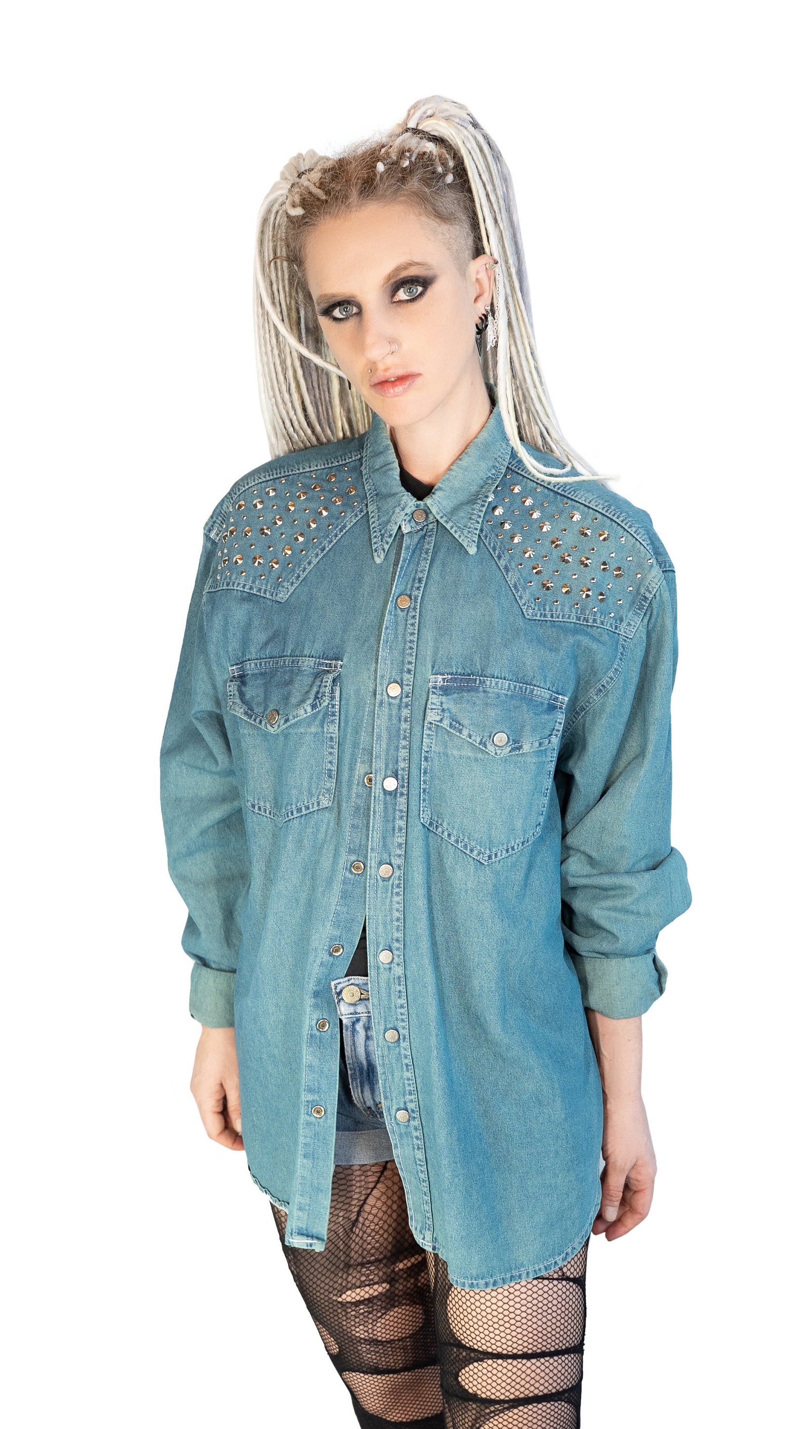 Green Denim Studded Shirt Jean Shirt Upcycled Denim Shirt | Studded ...