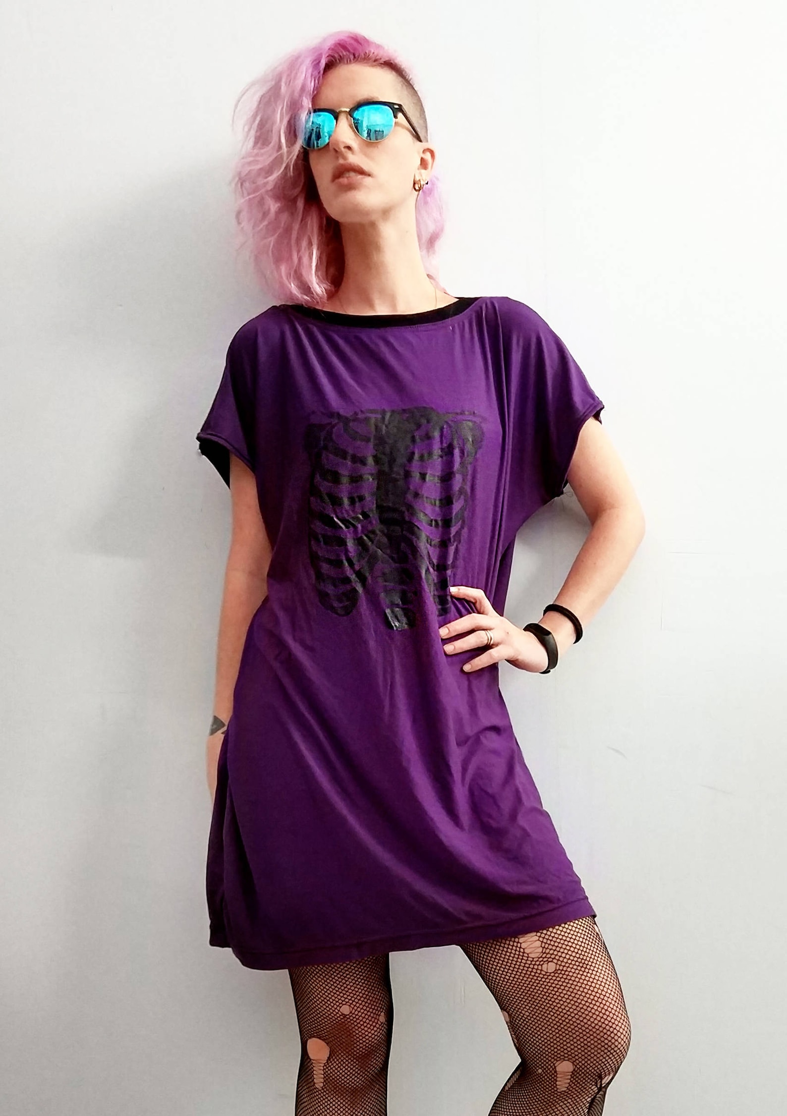 Skeleton Tshirt Dress Horror Print Goth Dress | Ribcage Dress Cyberpunk ...