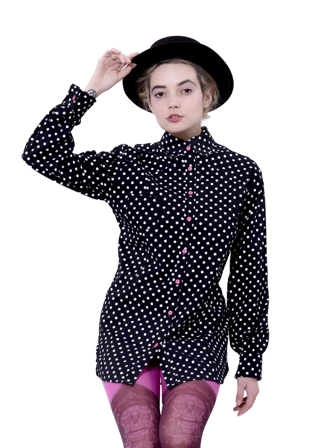 SALE 80s Goth Revival Black Polka Dot Top Goth Shirt Button - Etsy
