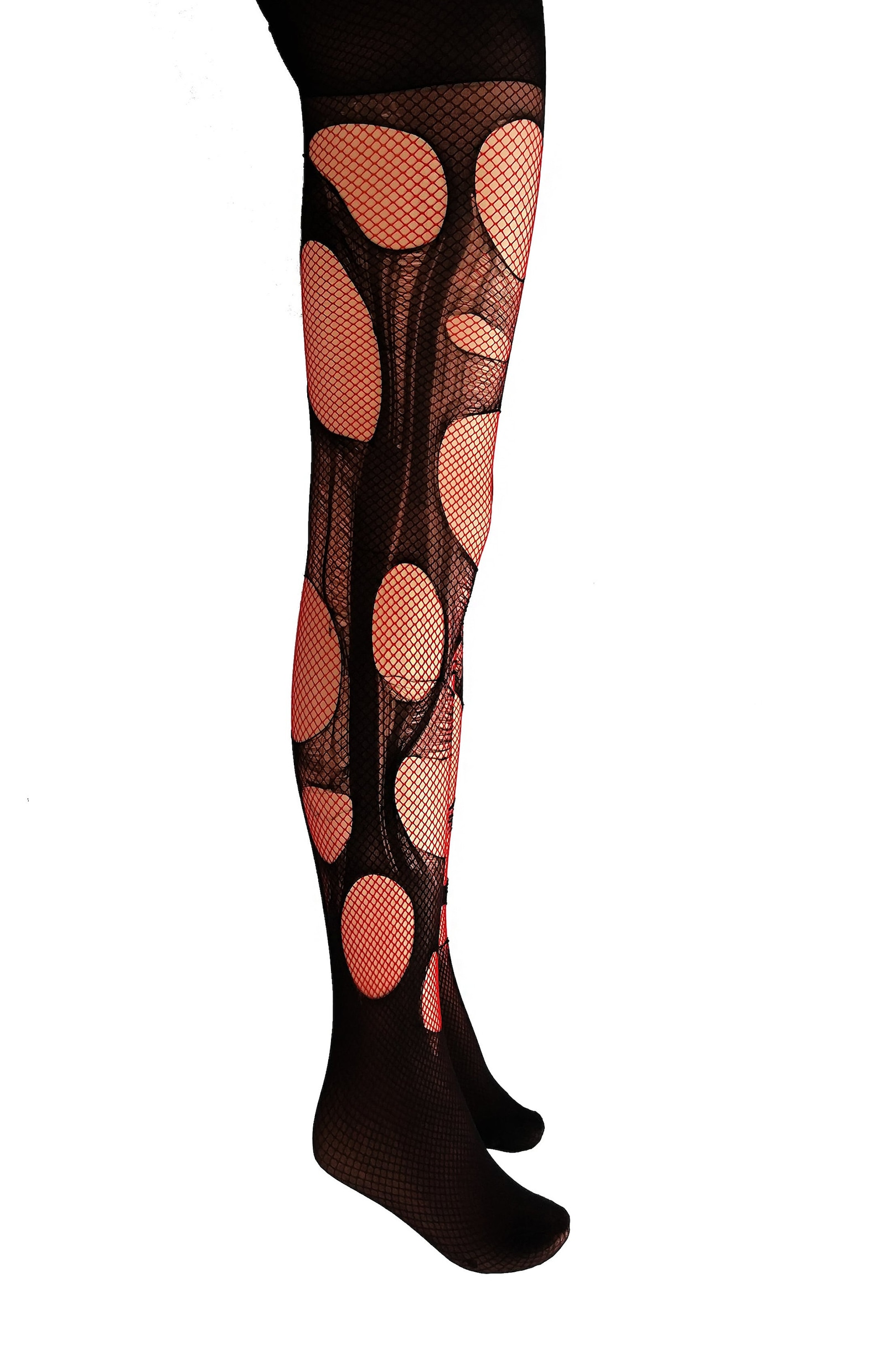 Red Black Fishnet Tights Fishnet Stockings Double Layered Tattered ...