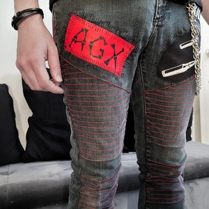 Punk Jeans Crust Punk Pants Embroidered Jeans Biker Jeans | Patchwork ...