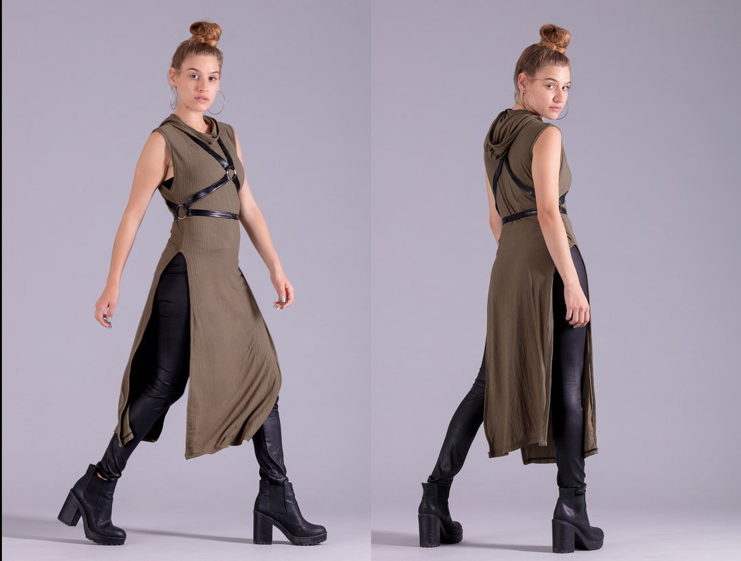 Olive Green Hooded Tunic Goth Hoodie Dress | Post Apocalyptic Clothing ...