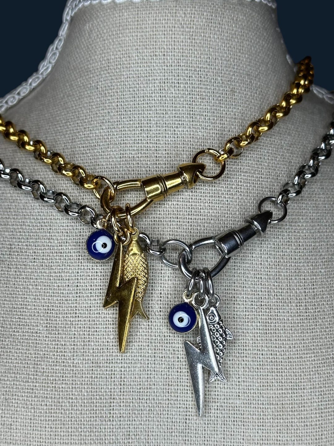 Chunky Charm Necklace: Stainless Steel Rolo Chain With Fish, Evil Eye ...