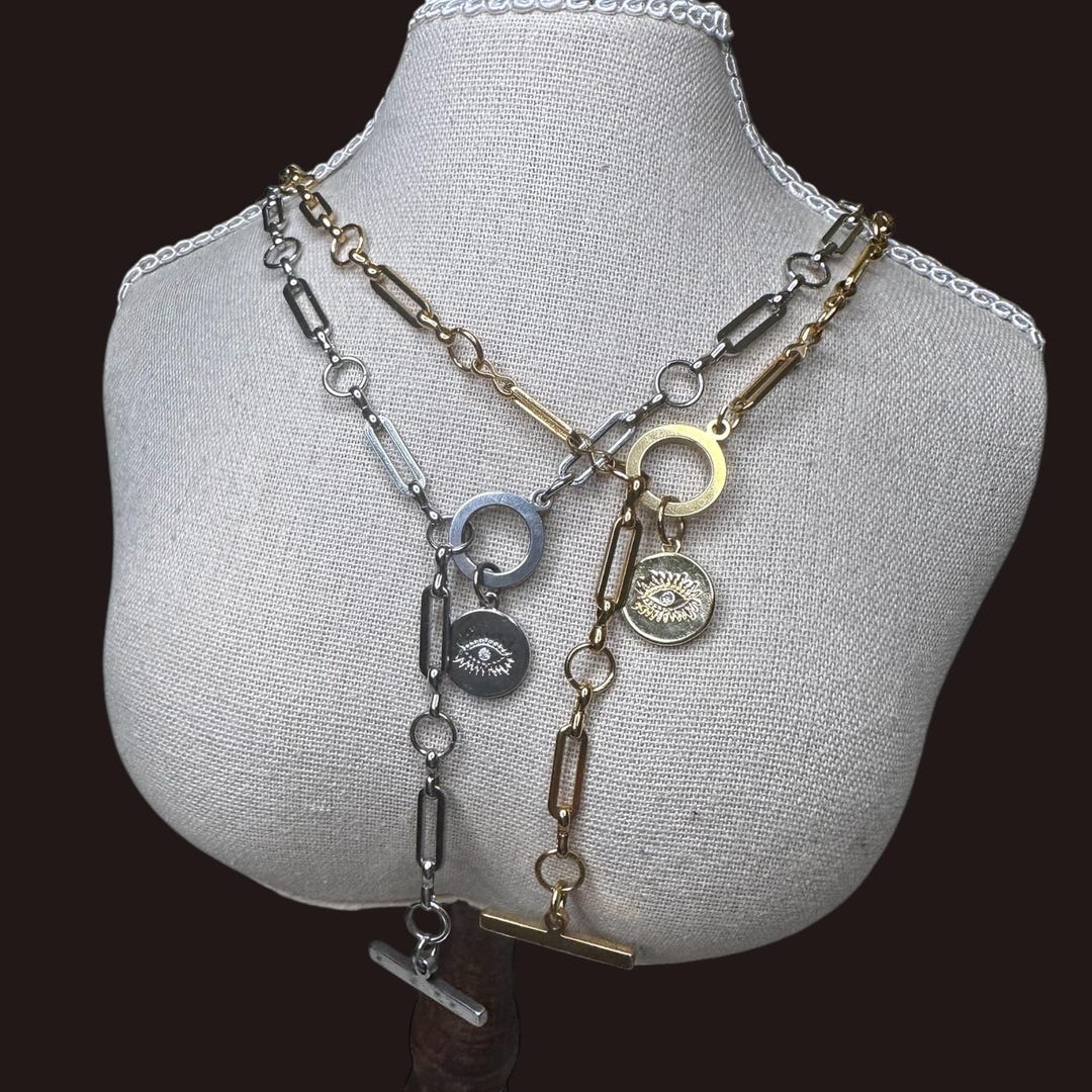Chunky Gold Charm Necklace-lariat With Carabiner, Evil Eye, Layering ...