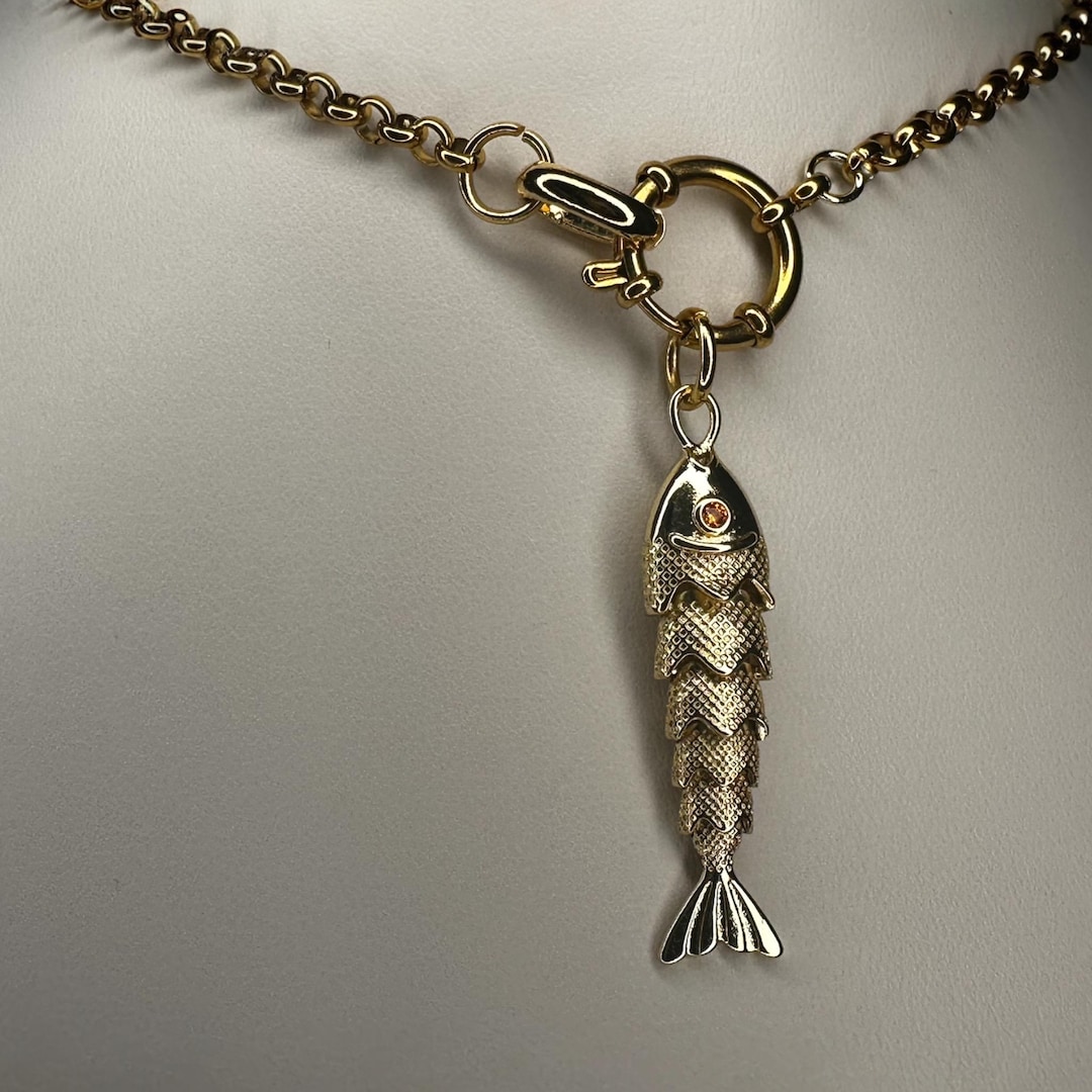 Chunky Gold Charm Necklace- Charm Holder With Large 3D Movable Fish ...