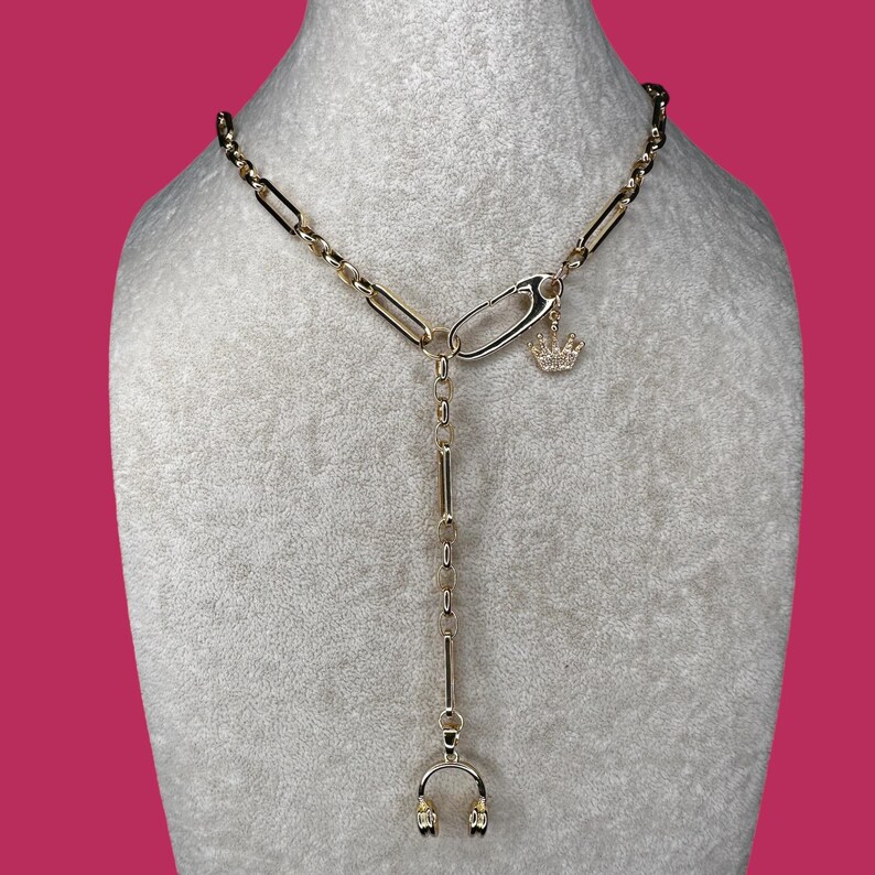 Chunky Gold Charm Necklace-lariat With Carabiner Clasp, Crown Charm ...