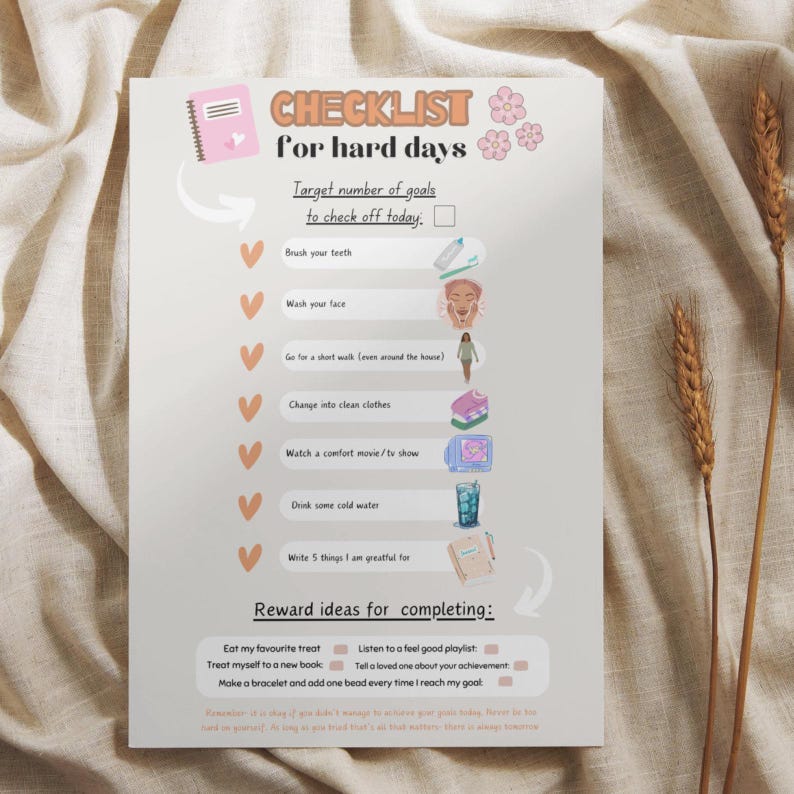 Checklist for Difficult Days, Self-help Printable Resource, Motivation ...