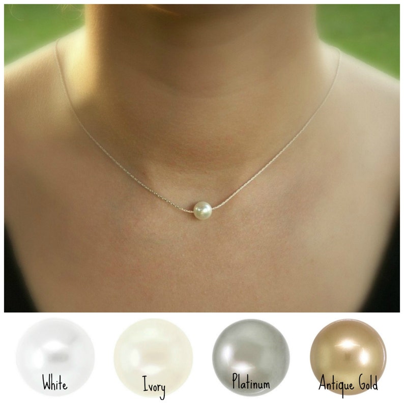 Floating Pearl Necklace Thin Silver Chain Single Pearl Etsy