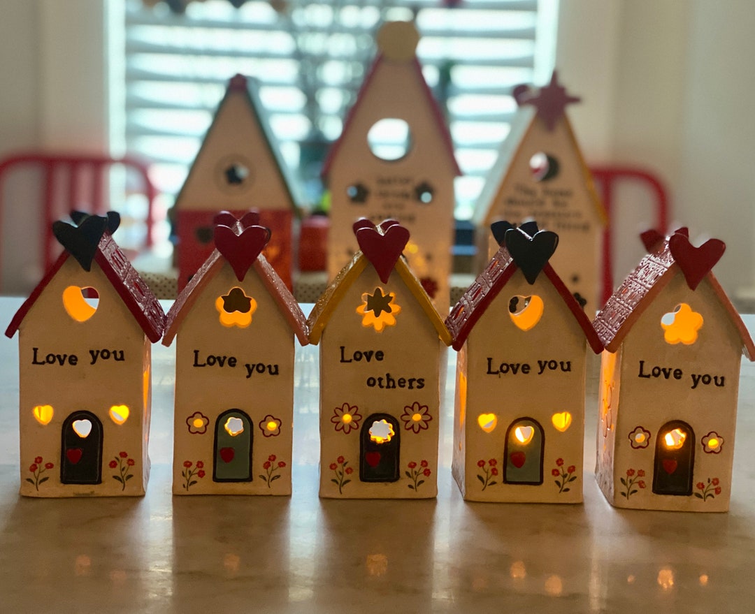 Handbuilt Ceramic Tealight Houses, Love You, Love Others, Colorful ...