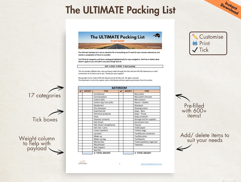 Caravan Packing List Printable, Editable RV Checklist, Camper ...