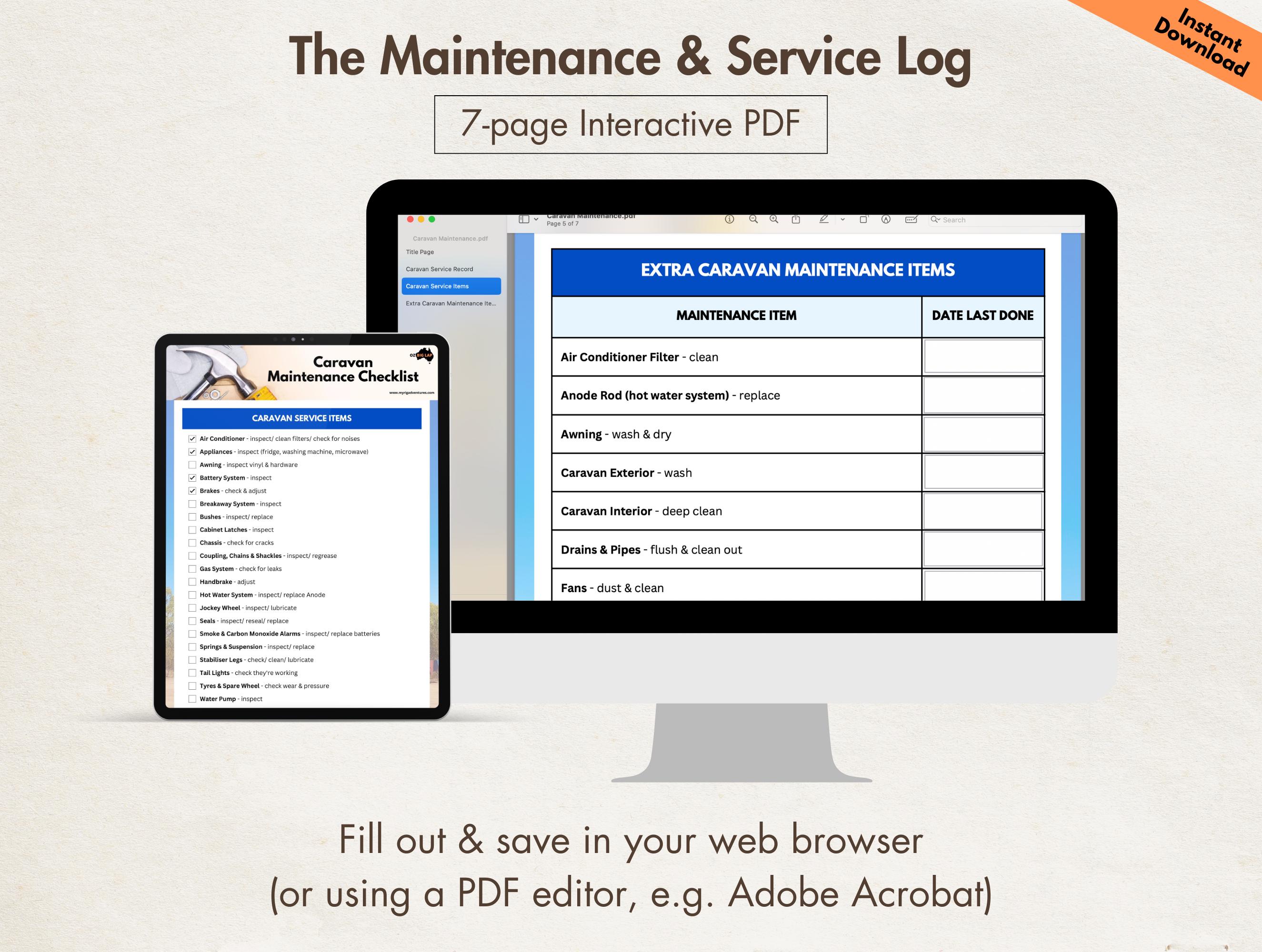 Caravan Maintenance Log Printable, RV Service Checklist, Travel Trailer ...