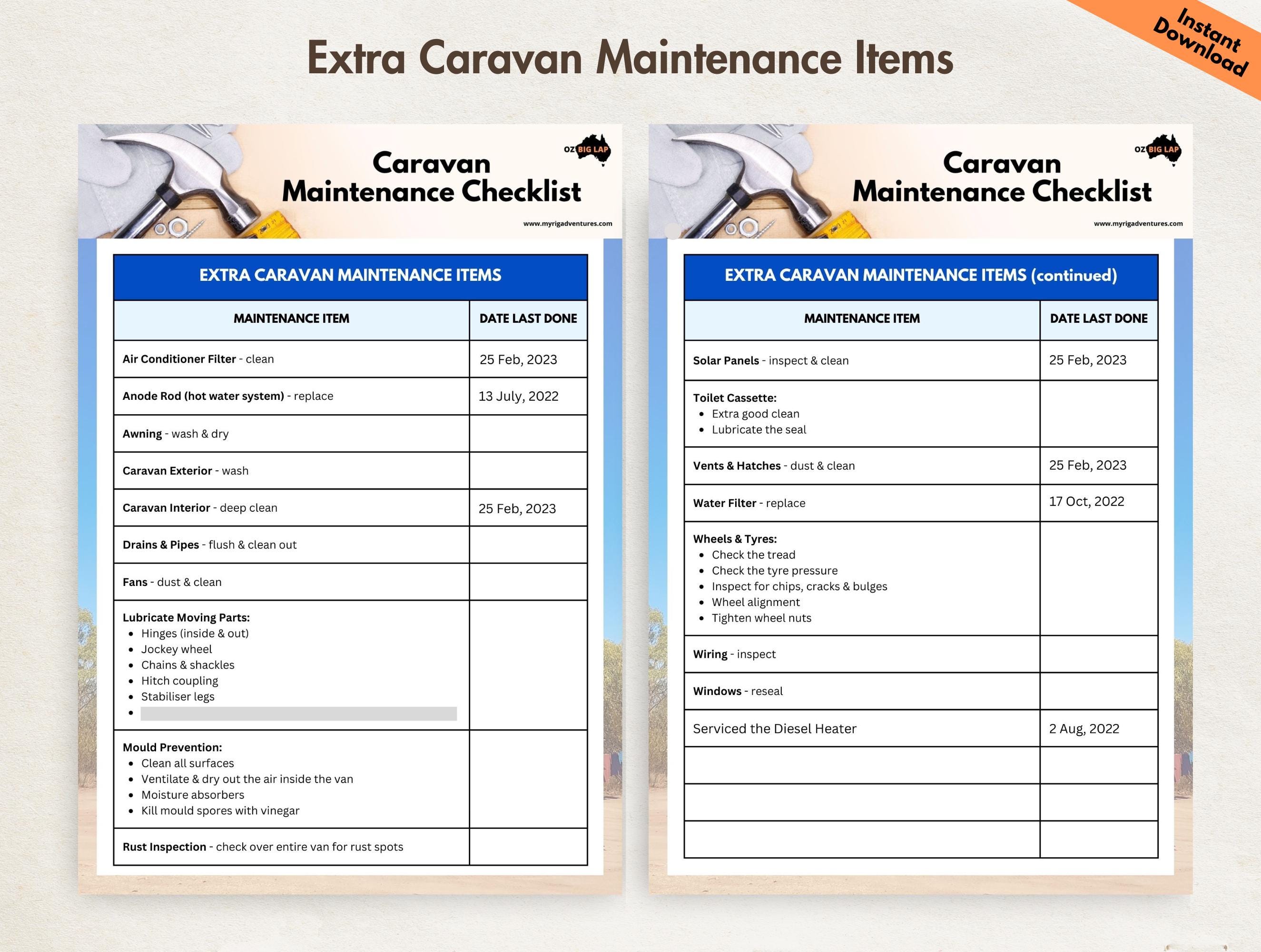 Caravan Maintenance Log Printable, RV Service Checklist, Travel Trailer ...