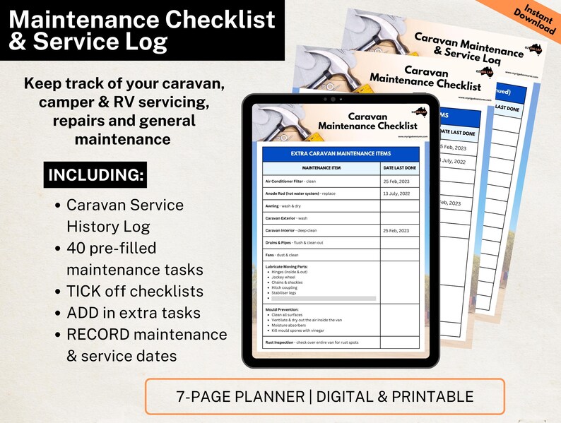 Caravan Maintenance Log Printable, RV Service Checklist, Travel Trailer ...