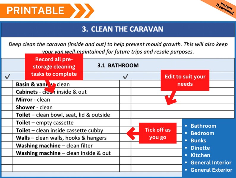 Caravan Storage Checklist Printable, RV Maintenance Tracker, Digital ...