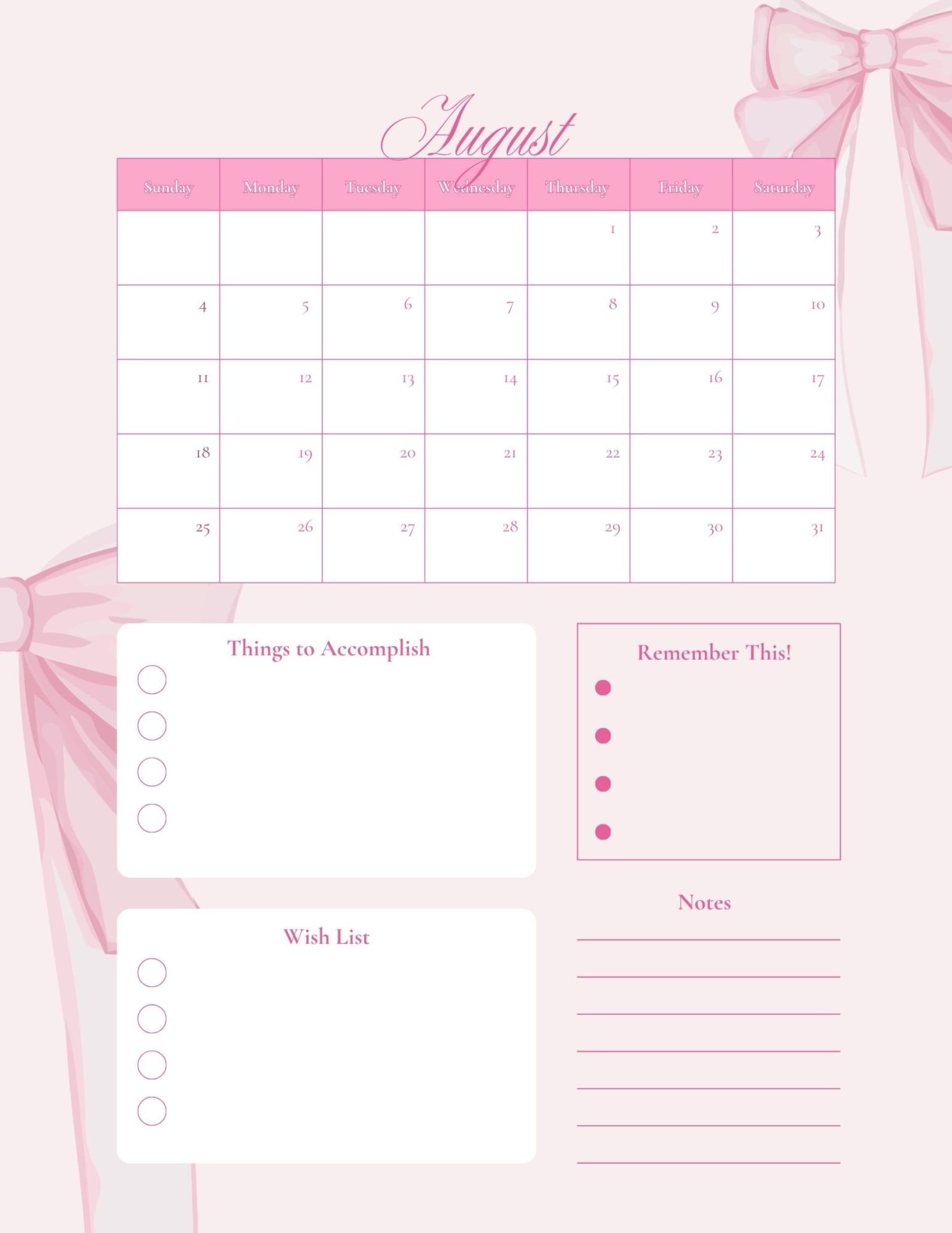 Pink Coquette Monthly Calendar - Etsy