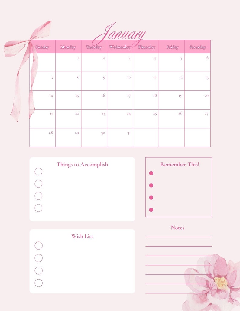 Pink Coquette Monthly Calendar - Etsy