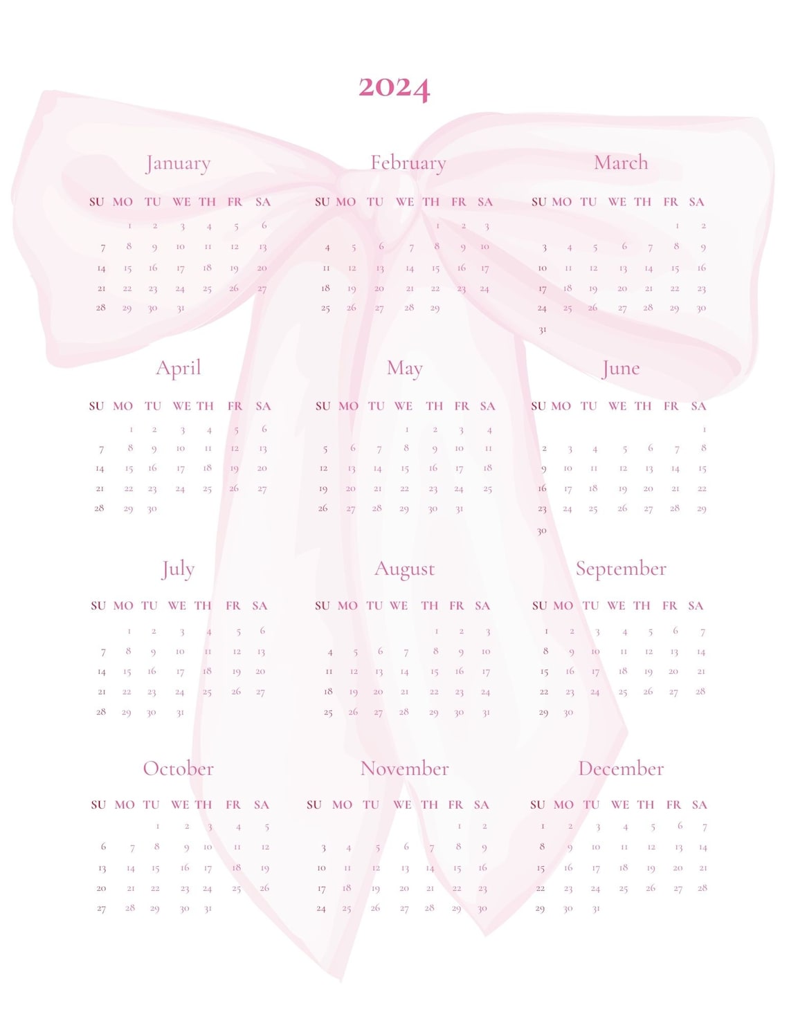Pink Coquette Monthly Calendar - Etsy