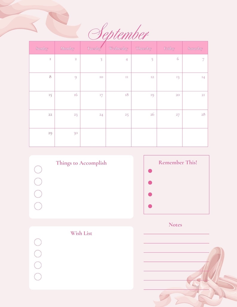 Pink Coquette Monthly Calendar - Etsy