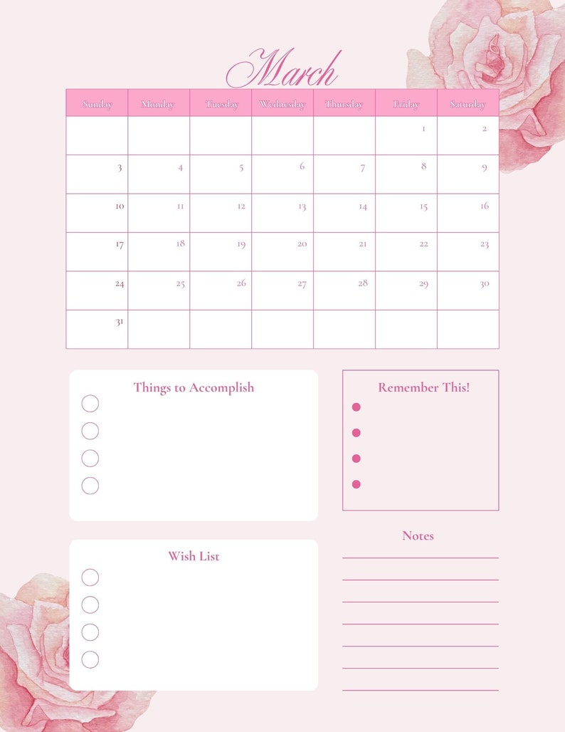 Pink Coquette Monthly Calendar - Etsy