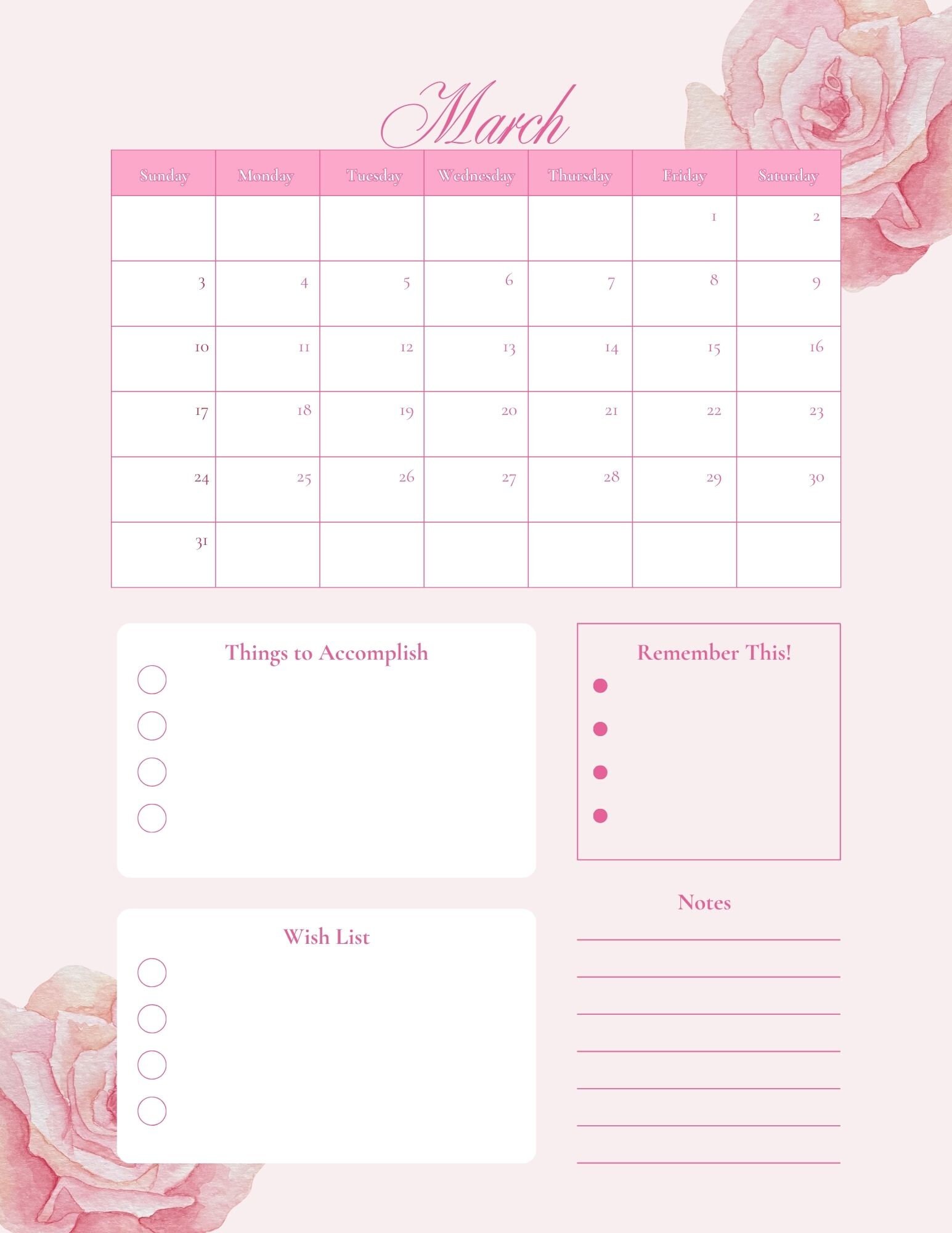 Pink Coquette Monthly Calendar - Etsy