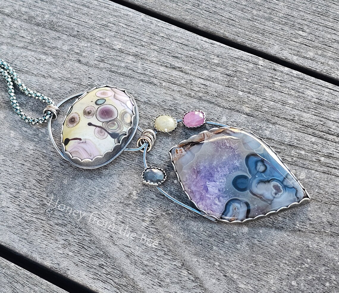 Multi Color Gemstone Pendant Agate Statement Necklace Artisan Jewelry ...