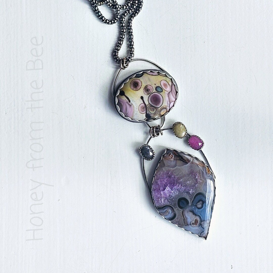 Multi Color Gemstone Pendant Agate Statement Necklace Artisan Jewelry ...