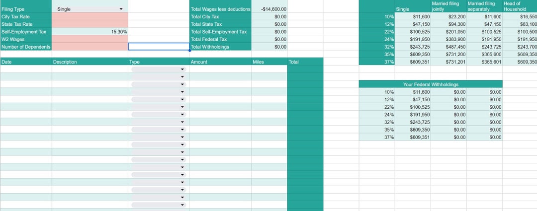 Comprehensive Tax Withholding Spreadsheet for Self-employed ...